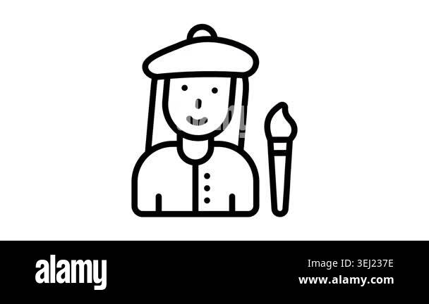 Ready to use line style icon animation of female painter with brush ...