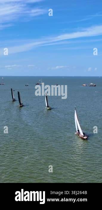 Aerial view of traditional skutsjes sailing during a historic sailing ...