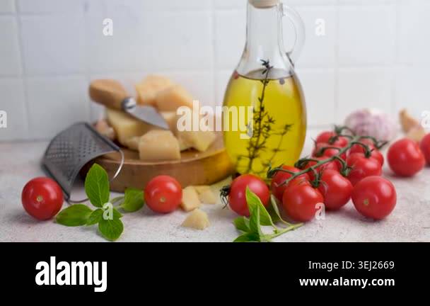 Still life with traditional italian food ingredients like parmesan ...