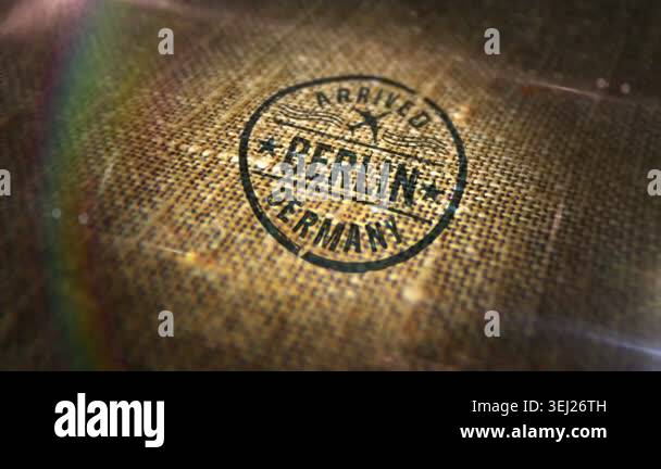 Berlin Germany arrived sign stamp on natural linen sack. Flight arrival ...
