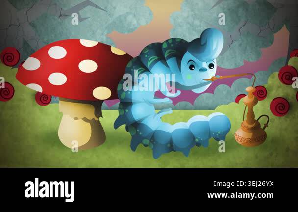 blue caterpillar from wonderland smoking hookah beside mushroom in ...