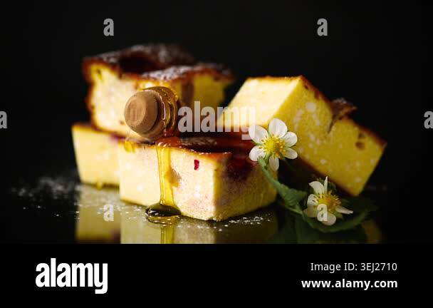 Traditional sweet casserole with berry filling and black background ...
