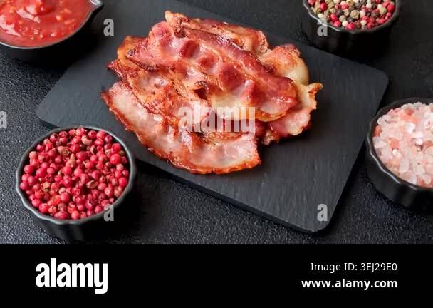 Fried fresh bacon slices with layers of meat or prosciutto with salt ...