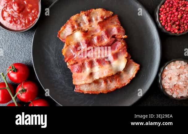 Fried fresh bacon slices with layers of meat or prosciutto with salt ...