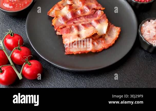 Fried fresh bacon slices with layers of meat or prosciutto with salt ...