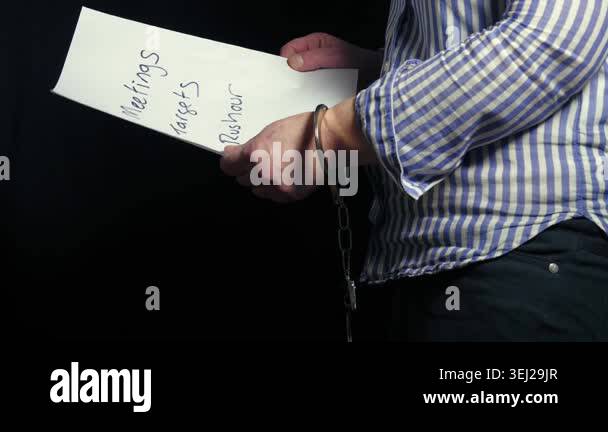 Employee in handcuffs looking at busy schedule black background medium ...