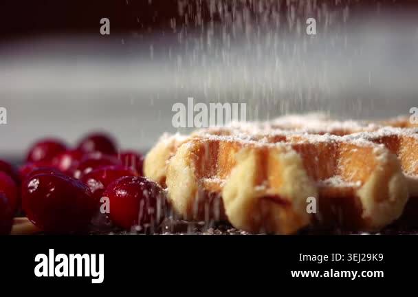 Sprinkling dusting of sugar on waffles with ripe cranberries close up ...