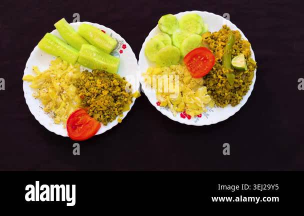 healthy homemade breakfast plates with scrambled eggs cucumber and ...