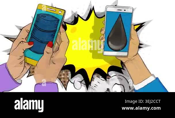 Cartoon Smartphone, comic book Telephone with Oil Barrel and Oil Drop ...