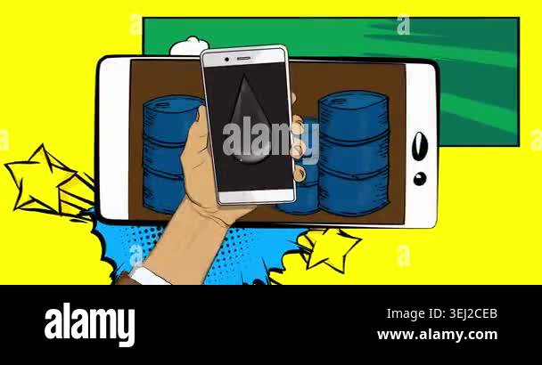 Cartoon Smartphone, comic book Telephone with Oil Barrel and Oil Drop ...