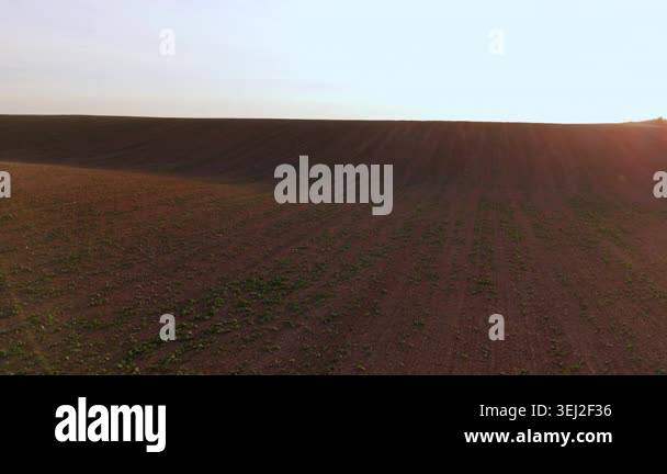 Stunning aerial view flying over a freshly sown agricultural field ...