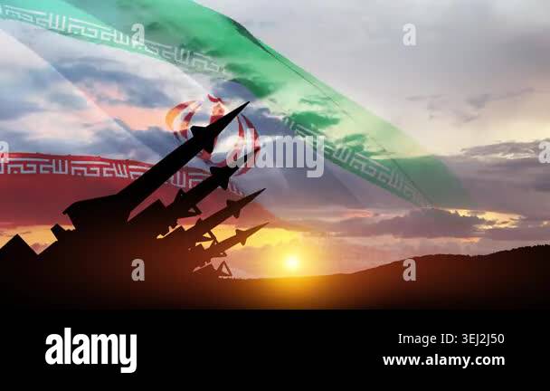 The missiles are aimed at the sky at sunset with Iran flag. Bomb ...