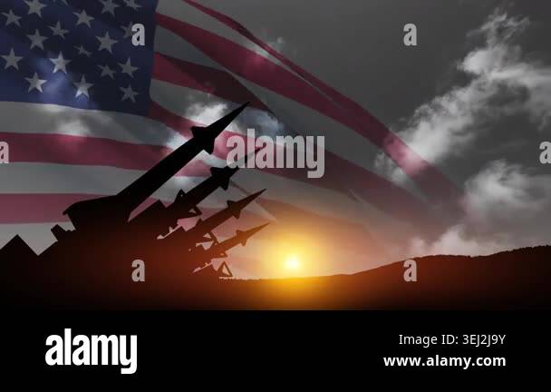 The missiles are aimed at the sky at sunset with USA flag. Bomb ...