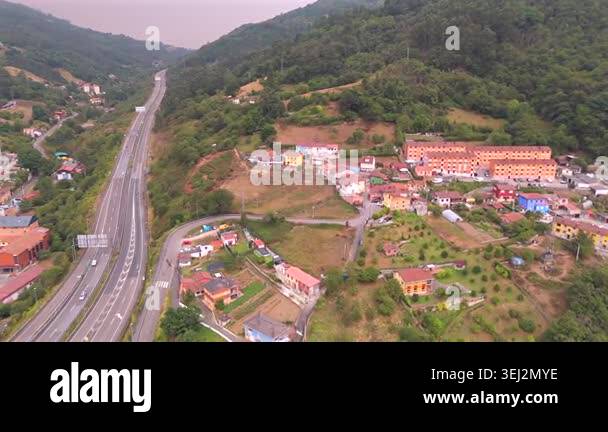 Drone aerial view of countryside landscape and mountain houses near La ...