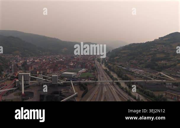 Drone aerial view of mining landscape and mountain houses near La Pena ...