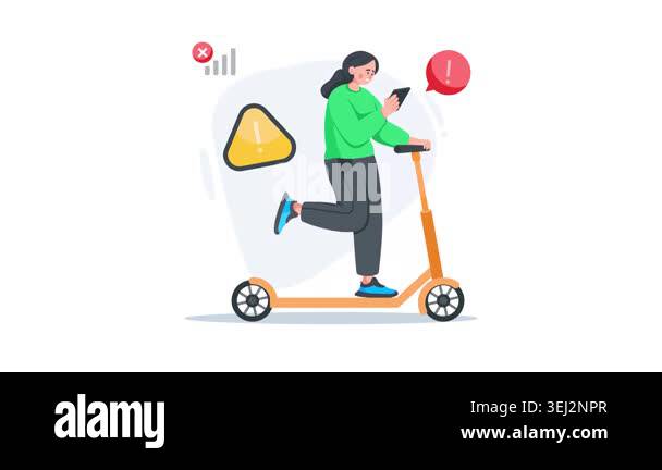 animated illustration of a girl riding scooter and using mobile phone ...