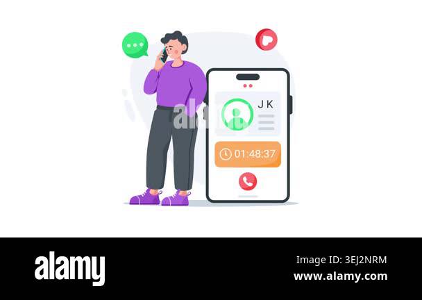 Male character spending long hours on smartphone call, flat animated ...