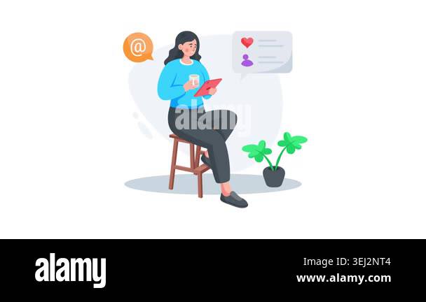 animated illustration of a woman using mobile phone, premium flat ...