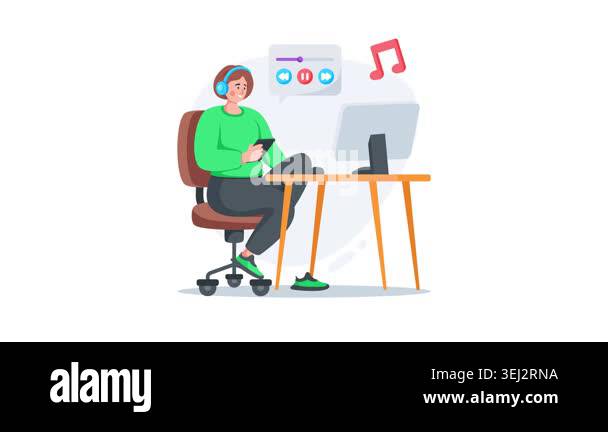 Flat animated illustration of a man using mobile phone during office ...