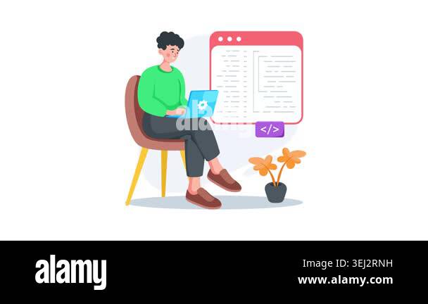 Modern flat animated illustration of a web developer coding at a ...