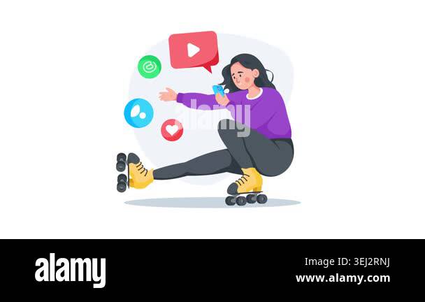 Creatively designed animated illustration of woman using mobile during ...