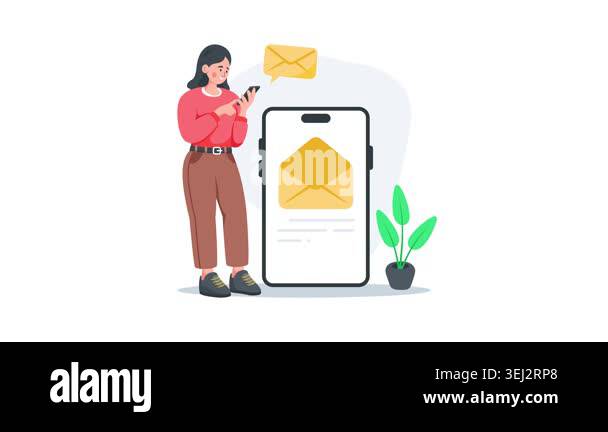 Female user checking mobile email alert and inbox messages, flat ...