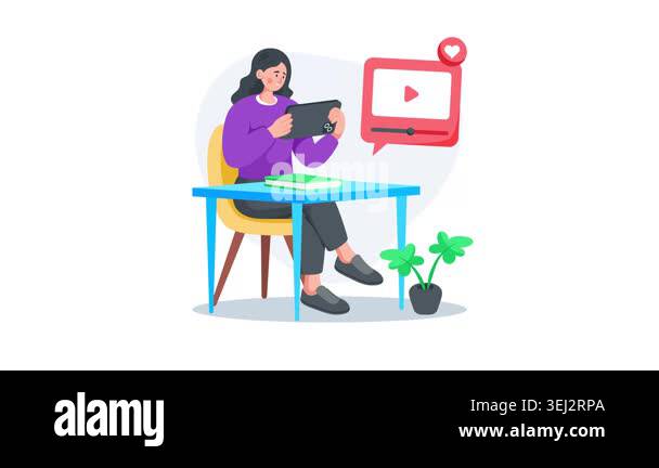 Flat style animated illustration of a woman watching video online on ...