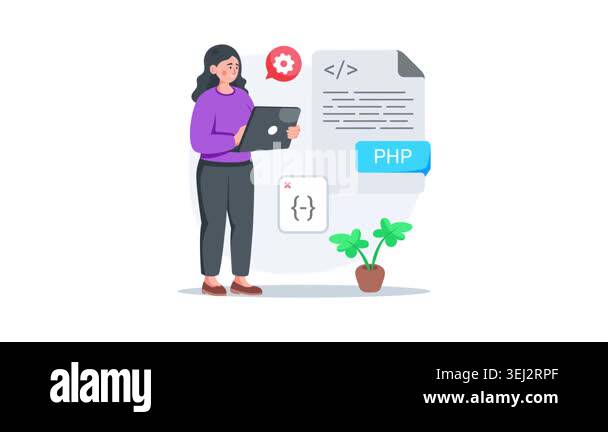 Creatively crafted flat animated illustration of php web development ...