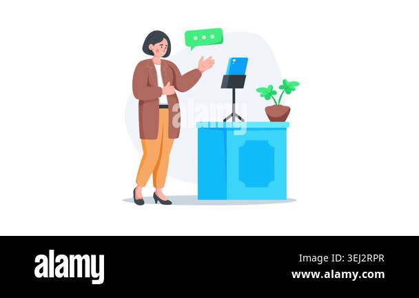 Flat style animated illustration of a female presenter recording speech ...