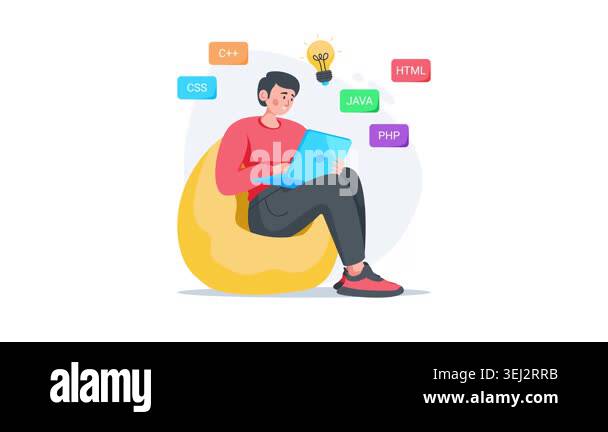 Flat animated illustration of a man coding on laptop, surrounded by ...