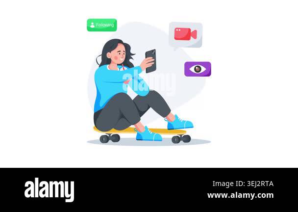 Flat style animated illustration of a woman watching video online on ...