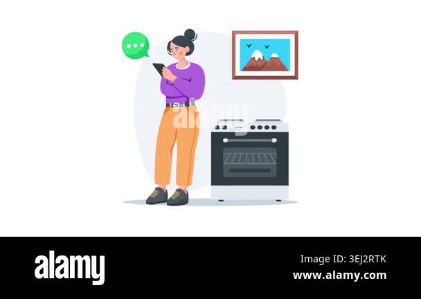 Female character checking smartphone notifications while cooking in ...