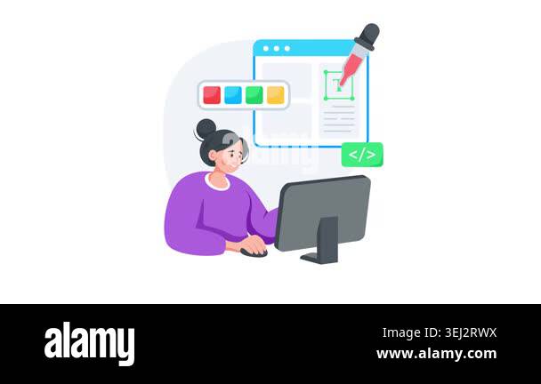 Flat animated illustration of a designer working on a computer ...