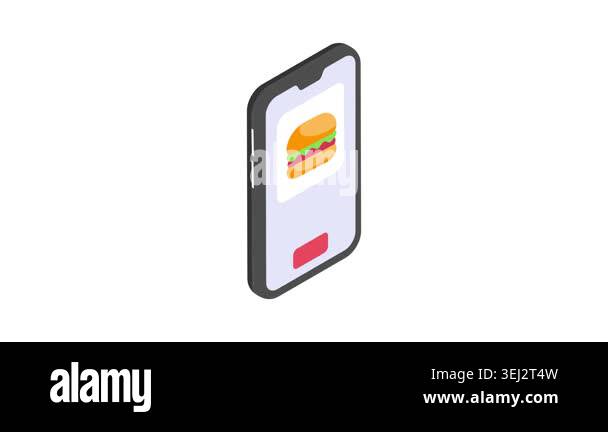 Smartphone showing a food delivery app interface, isometric animated ...