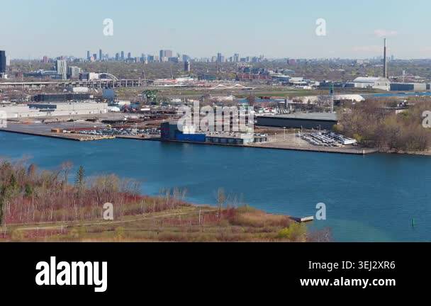 Elevated cityscape of Toronto with Port Lands industrial area showing ...