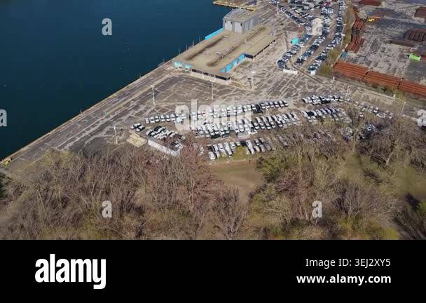 Birds eye panorama revealing Toronto skyline and Lake Ontario ...