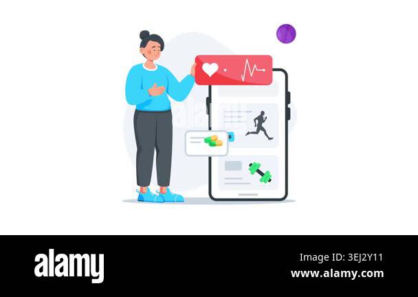 animated illustration of woman using health tracking app to monitor ...