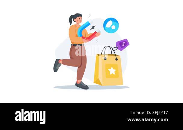 A woman holding magnet and attracting customer, customer attraction ...