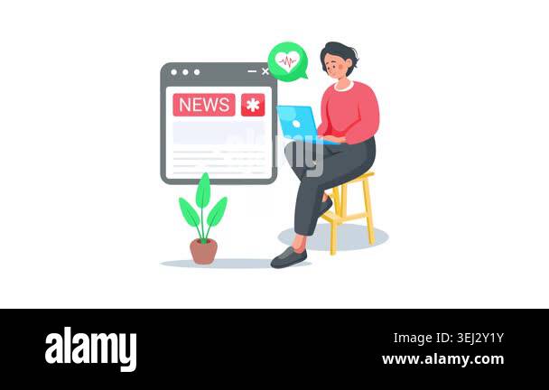 animated illustration of woman reading medical news and health updates ...
