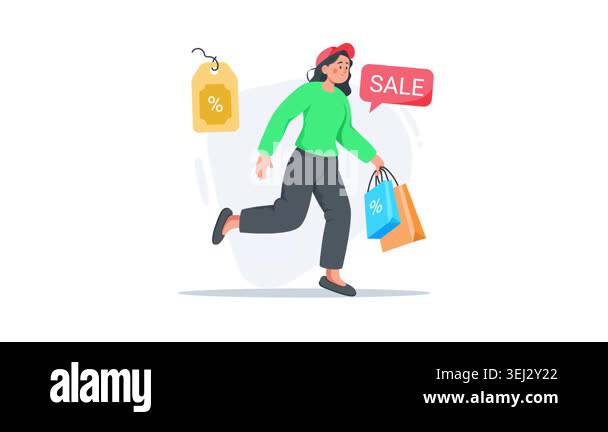 Excited woman running with shopping bags during sale, flat animated ...