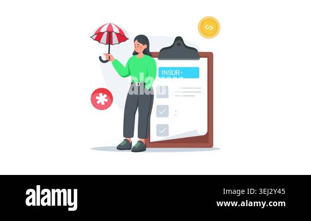 Woman holding umbrella with health insurance policy document, animated ...