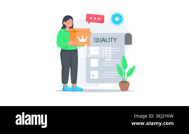 animated illustration of a woman evaluating high quality e-commerce ...