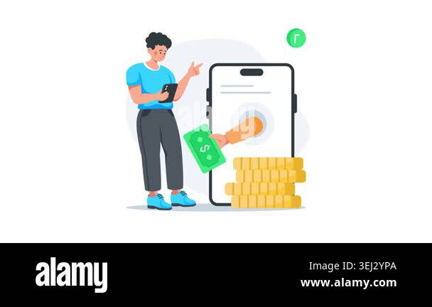 Man receiving cashback from mobile shopping payment, concept animated ...