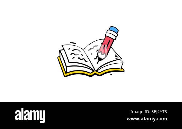 Learning, reading and writing, notebook and pencil doodle animated icon ...
