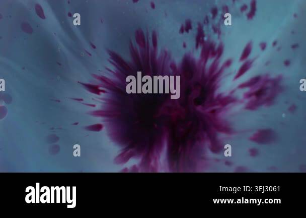 Blur paint blob. Ink drop stream. Purple droplet sprinkling on blue ...