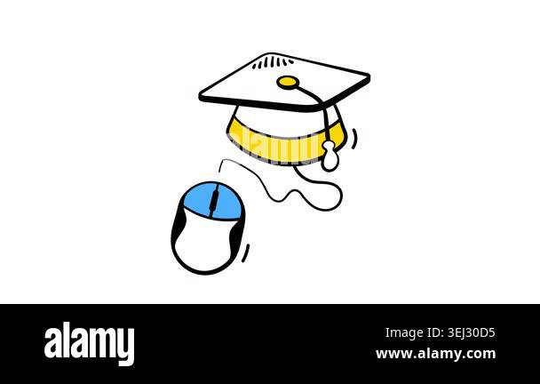 Graduation cap with mouse, concept doodle animated icon of elearning ...