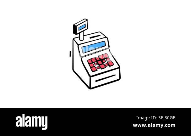 Hand drawn cash register animated icon, retail checkout and payment ...