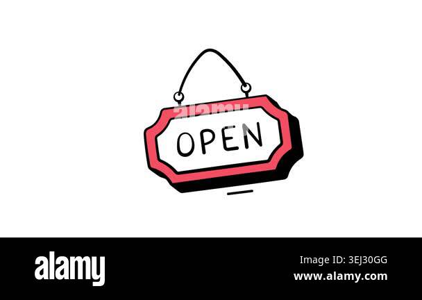 Business availability and store opening, open sign hand drawn animated ...