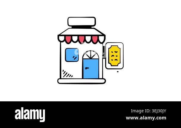 Hand drawn doodle store animated icon, physical retail shop and online ...