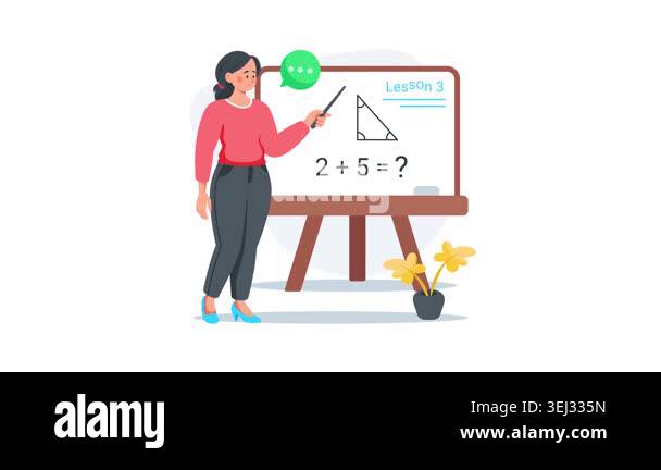 Math teacher explaining a lesson on board during class, flat animated ...